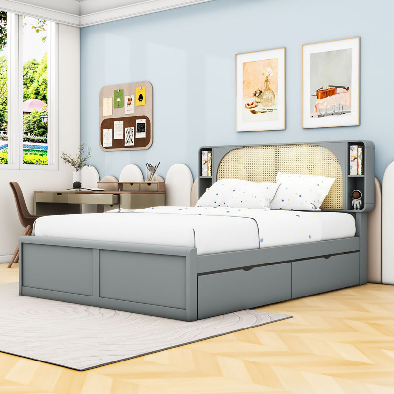 Queen Two Drawers Platform Bed with Twin XL Trundle and Rattan Headboard Gray